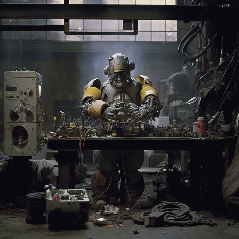 A Robotic Figure in an Industrial Setting, Surrounded by Machinery and ...