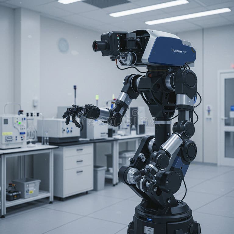 Robotic Figure in a Laboratory Setting, Featuring a Humanoid Frame with ...