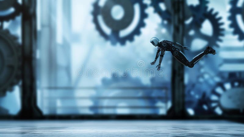 Robotic Figure Leaping in Gear-filled Hall Stock Image - Image of ...