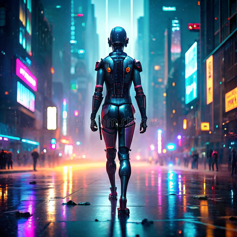 Robotic Figure in a Neon-Lit Cyberpunk Future Stock Illustration ...