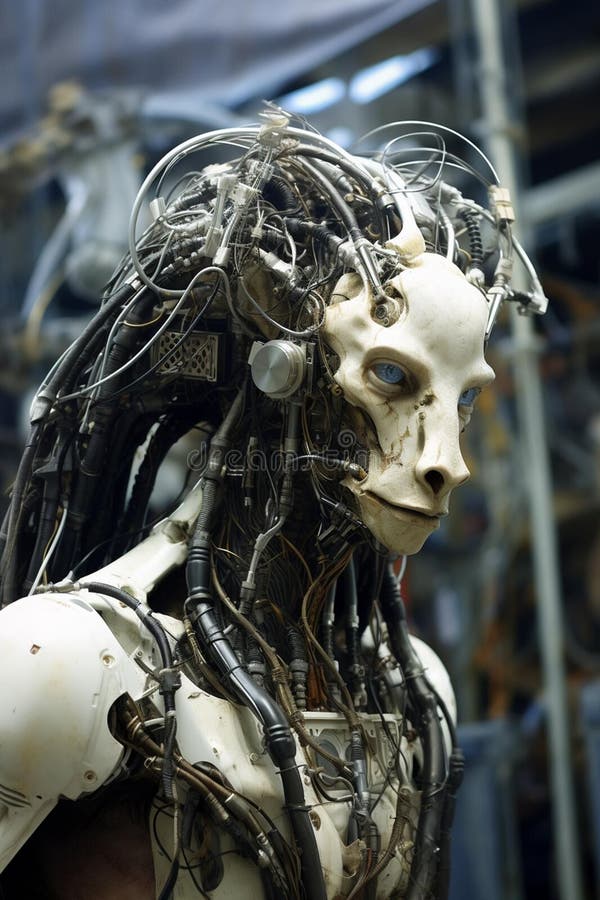 Robotic Figure Standing with a Complex Array of Wires and Cables, AI ...