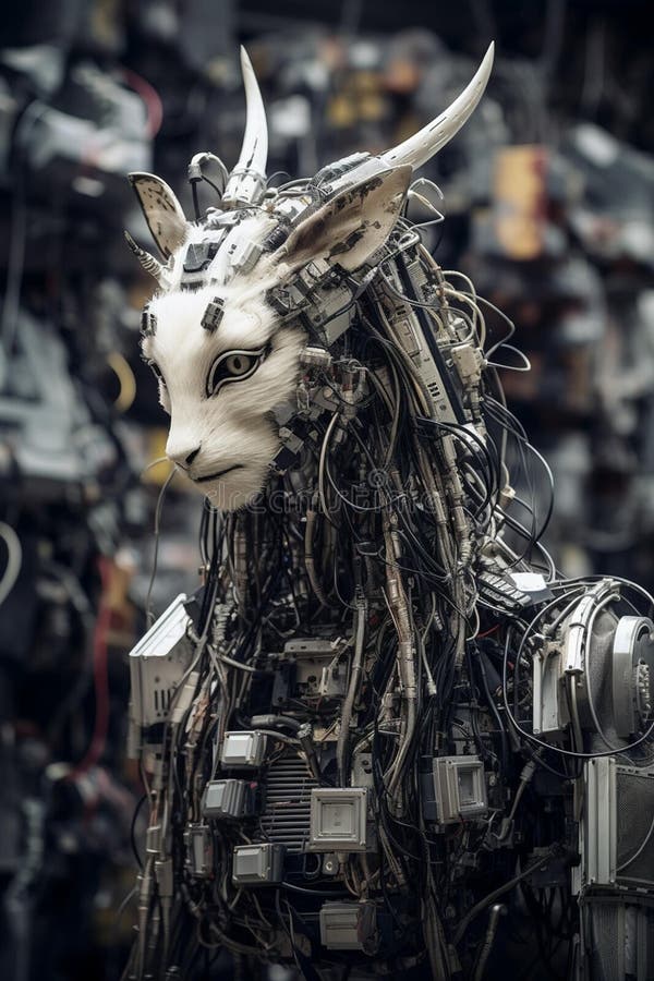 Robotic Figure Standing with a Complex Array of Wires and Cables, AI ...