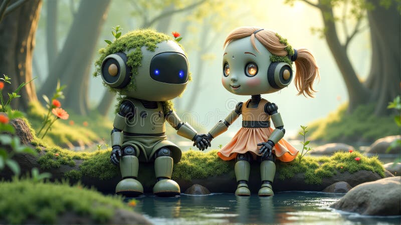 Robotic Figures with Greenery Sit by a Serene Stream in a Misty Forest ...