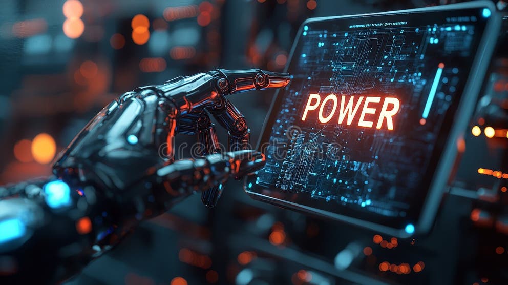 Robotic Finger Tapping on Digital Screen Displaying "Power" Stock ...