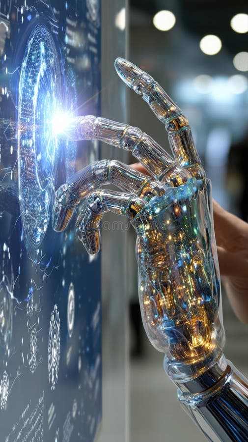 Robotic Finger Touching Transparent UI Screen Stock Photo - Image of ...