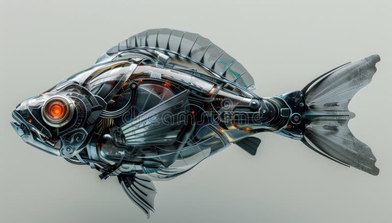 Futuristic Robotic Fish Swimming through a Minimalist Gray Background ...