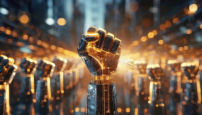 Robotic Fist Raised among Many Others. Metallic Arm of Artificial ...
