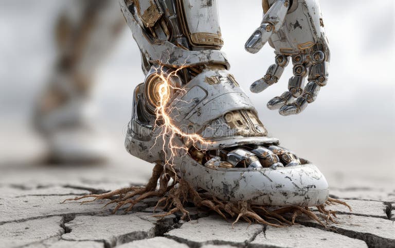 Robotic Foot with Electrical Sparks Emerging from Roots Stock ...