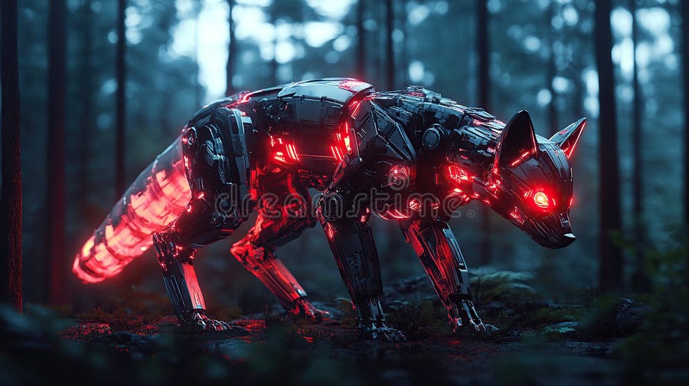 Robotic Fox with Red Glowing Lights in a Dark Forest Stock Illustration ...