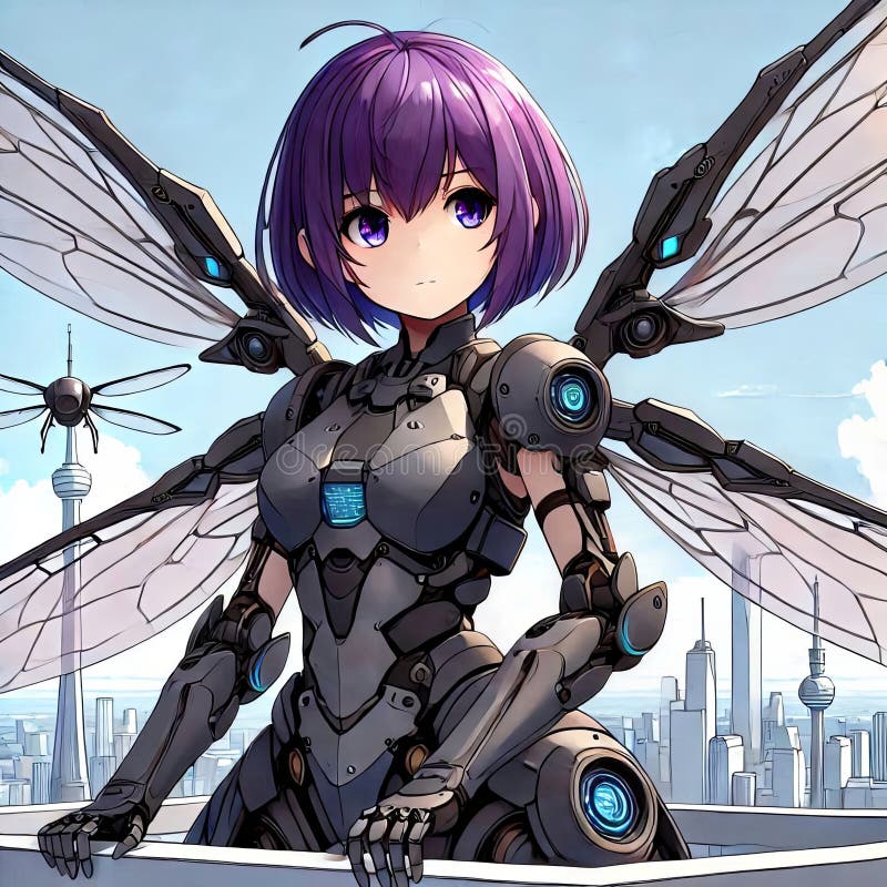 Robotic Girl with Dragonfly Features Stock Illustration - Illustration ...
