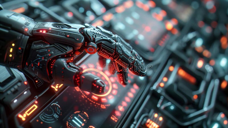 A Robotic Hand is Activating a Control Panel Button Stock Image - Image ...