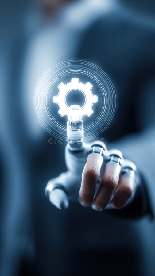 Robotic Hand Activating a Digital Gear Icon, Representing Technology ...