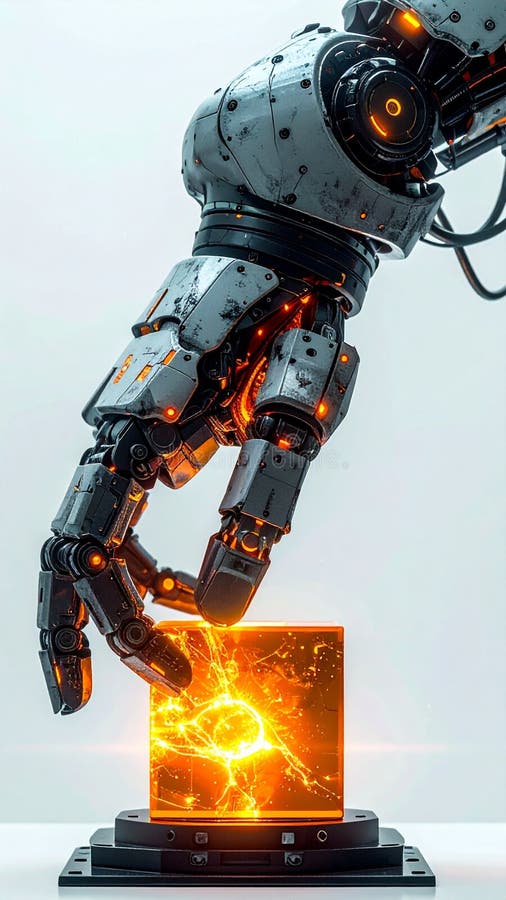 Robotic Hand Activating a Glowing Energy Cube Stock Illustration ...