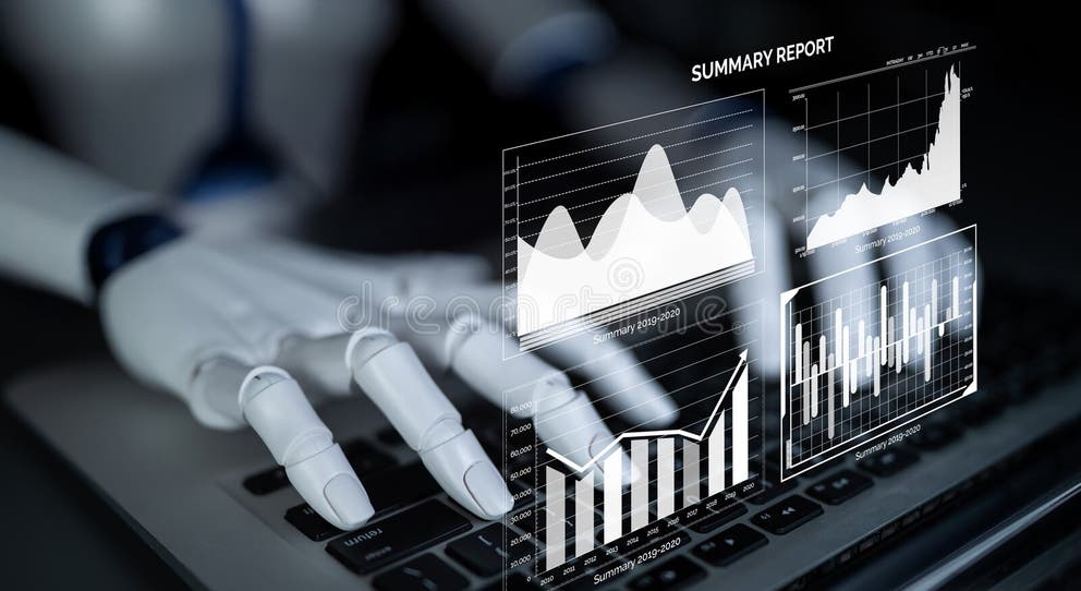 Robotic Hand Analyzing Business Data on Laptop Screen with Graphs and Reports in Modern Digital ...