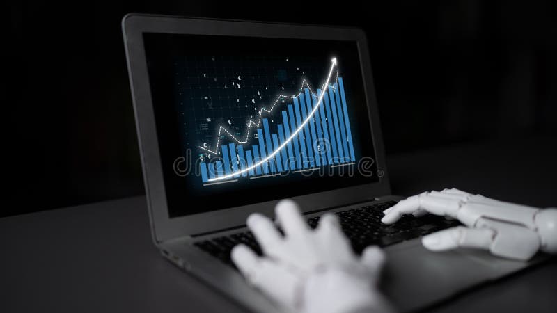 Robotic Hand Analyzing Data on Laptop Screen Representing Artificial ...