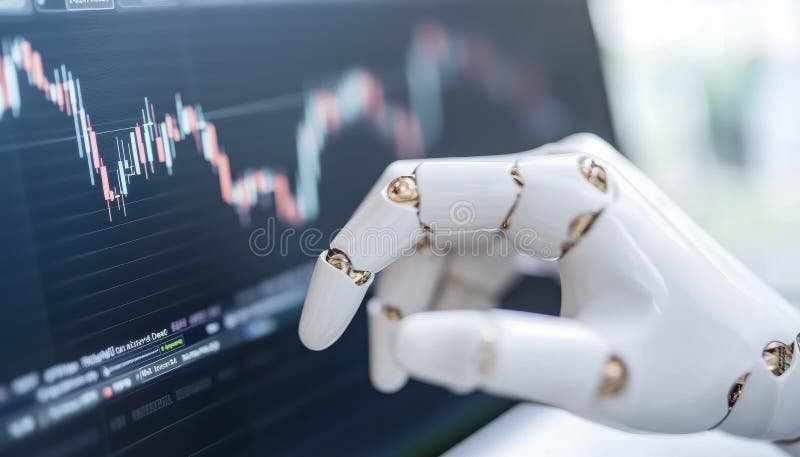 Robotic Hand Analyzing Stock Market Data on Computer Screen Stock ...