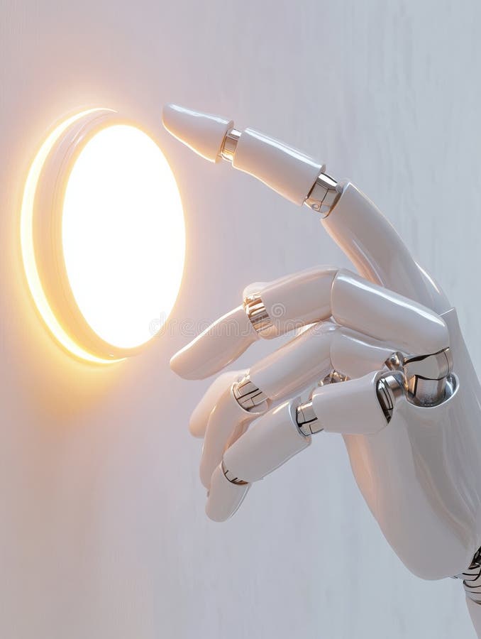Robotic Hand Reaching To Touch a Glowing Virtual Button in a Futuristic ...