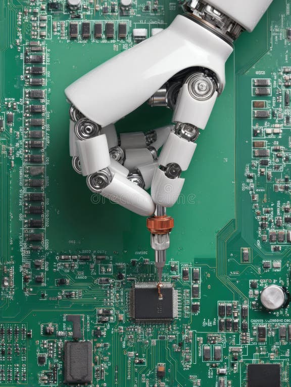 Robotic Hand Assembling Components on a Circuit Board in a Technology Lab during the Day Stock ...