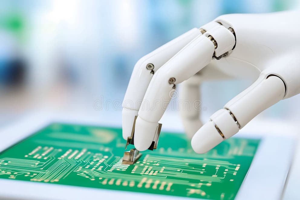 Robotic Hand Assembling Microcircuit on Green Printed Circuit Board ...