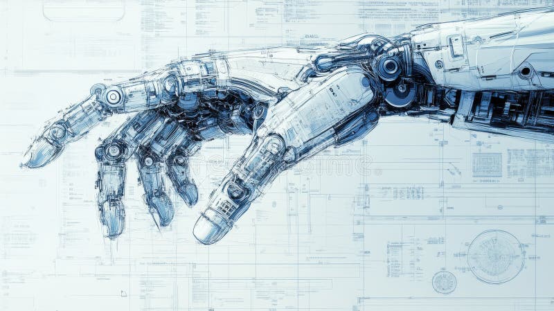 Robotic Hand on Blueprint Background with Technical Drawings and ...