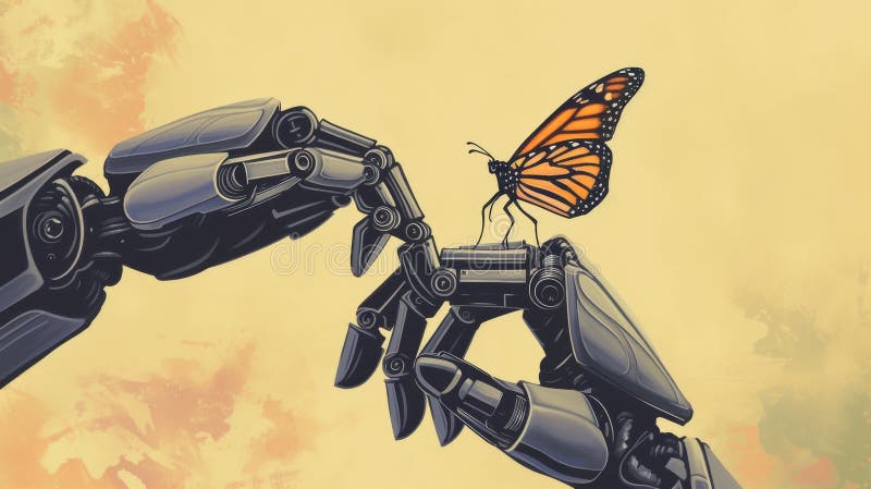 Robotic Hand with Butterfly on Fingertip Stock Image - Image of ...