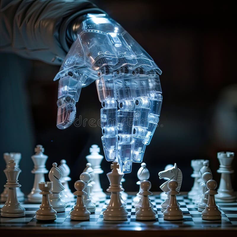 A Robot with Artificial Intelligence Plays Chess. Hand Close-up on a ...