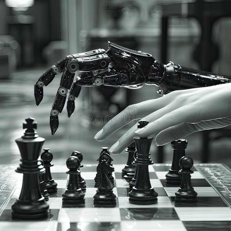 A Robot with Artificial Intelligence Plays Chess. Hand Close-up on a ...