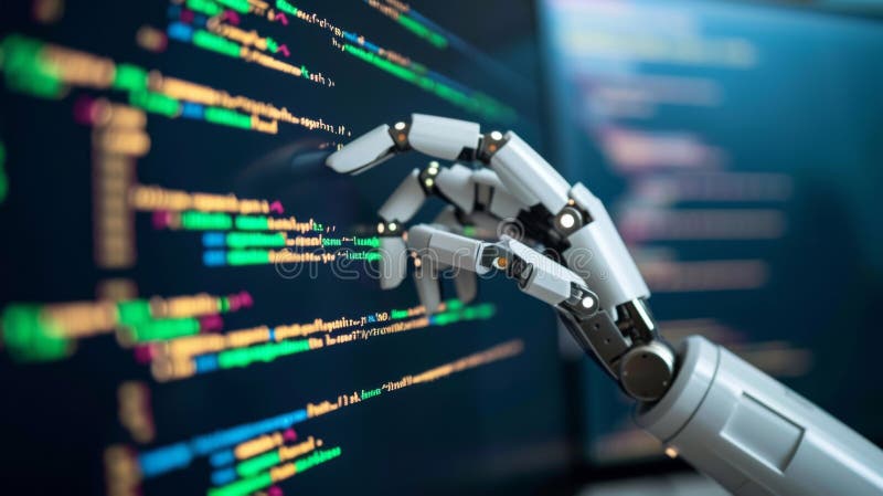 Robotic Hand Coding Interaction Vibrant Programming Screen Stock Photos ...