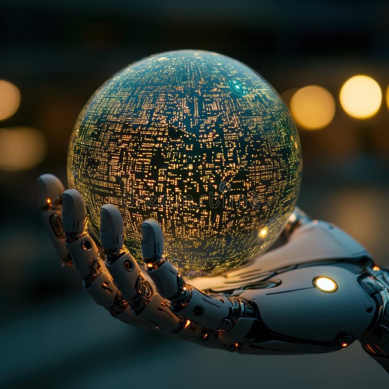 A Robotic Hand Delicately Holds a Glowing Digital Sphere, Symbolizing ...