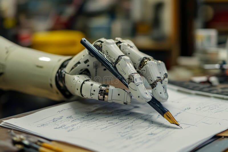 A Robotic Hand Grips a Pen, Preparing To Write on Paper in a Creative ...