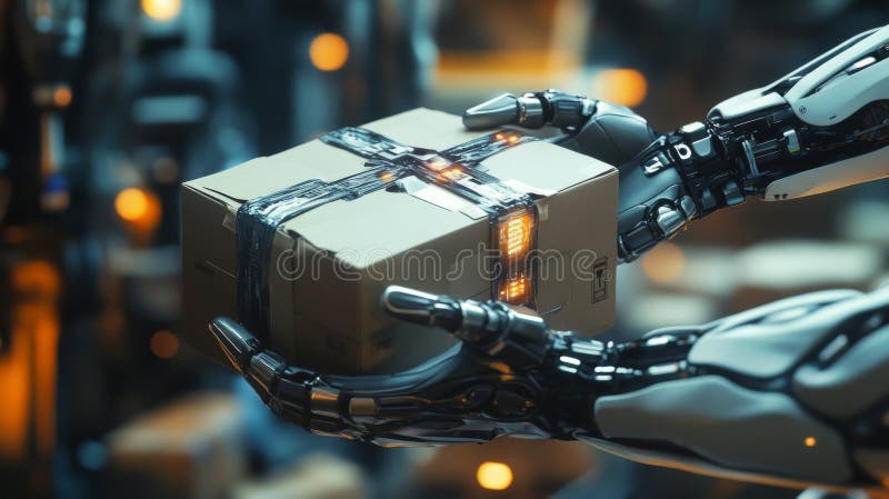 A Robotic Hand Delivering a Cardboard Package Stock Illustration ...