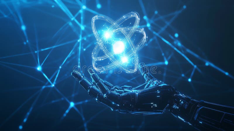 Robotic Hand Displaying a Luminous Atom in Digital Space Stock Photo ...