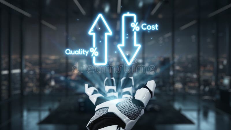 Robotic Hand Presenting Graphical Representation of Quality and Cost Metrics in a Modern Office ...