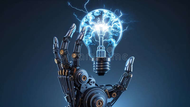 A Robotic Hand Elegantly Cradles a Glowing Light Bulb, Surrounded by ...