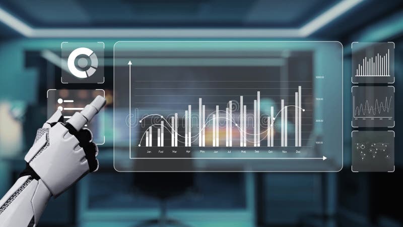 Futuristic Robotic Hand Interacting with Advanced Data Visualization on ...