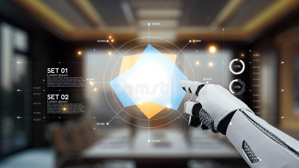 Robotic Hand Interacting with Futuristic Data Visualization in Modern ...