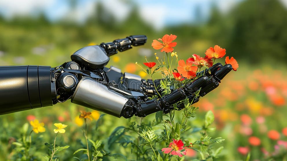 Robotic Hand Examining Delicate Spring Flowers, Exploring Connection ...