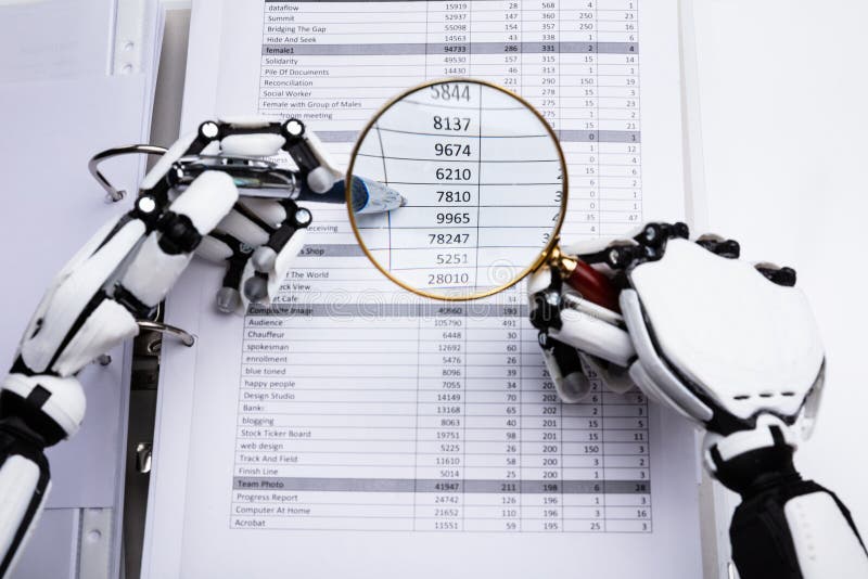 Robotic Hand Examining Financial Data Stock Image - Image of magnifier ...