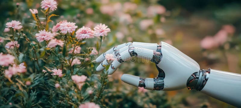 Robotic Hand Exploring Delicate Pink Flowers, Illustrating the Harmony ...