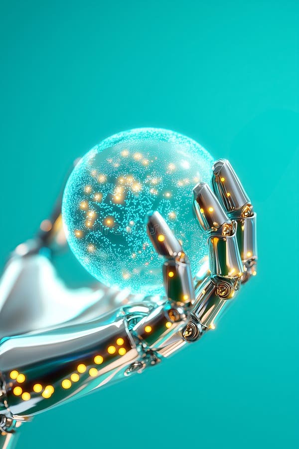 A Robotic Hand Extends Towards a Luminous Digital Globe, Highlighting ...