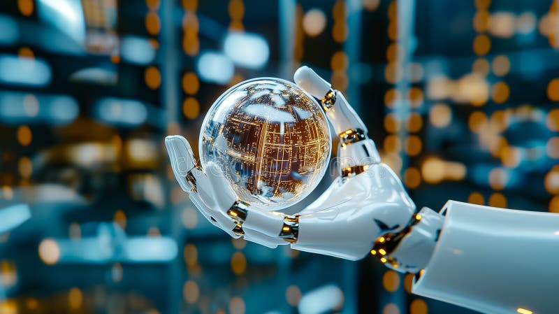 A Robotic Hand Extends Towards a Luminous Digital Globe Surrounded by ...
