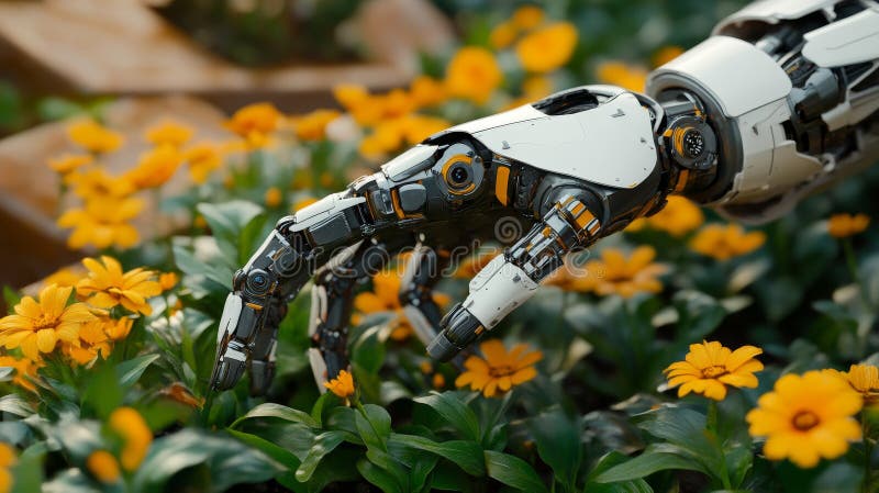 Robotic Hand Gently Exploring Spring Flowers, Highlighting Technology ...
