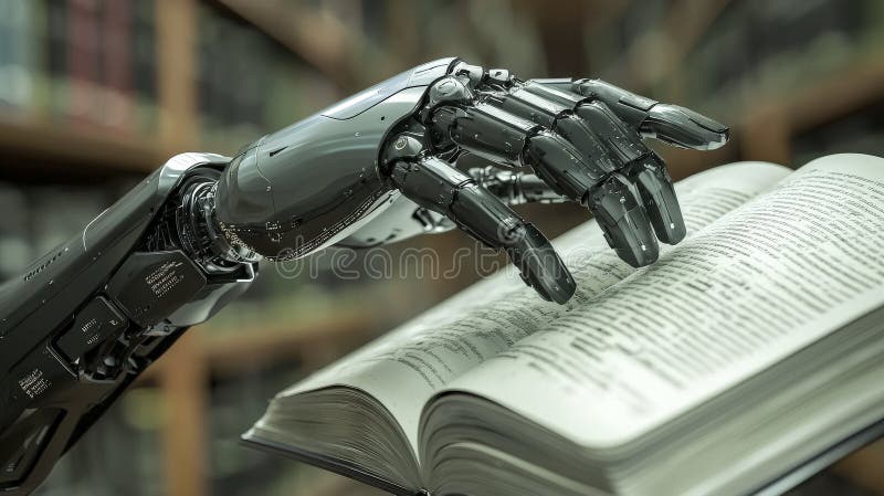 Robotic Hand Gently Handling an Open Book Stock Illustration ...