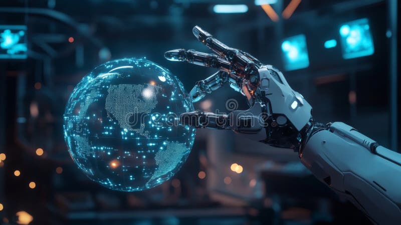 Robotic Hand Gently Holding a Digital Earth Globe Stock Photo - Image ...