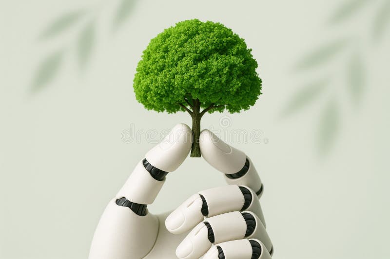 Robotic Hand Gently Holding a Lush Green Tree Symbolizing Sustainable ...