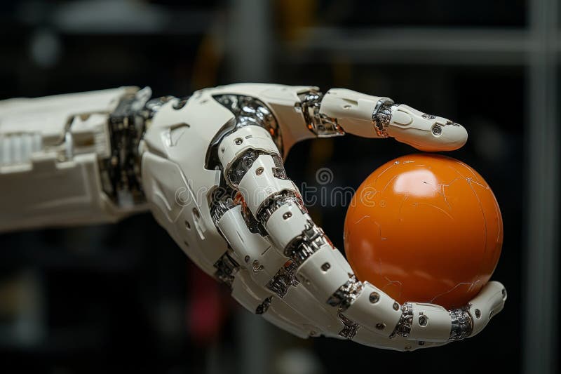 Robotic Hand Gently Holding an Orange Sphere, Symbolizing the Delicate ...