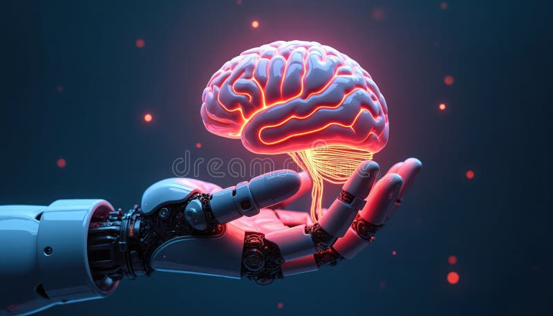 Robotic Hand Gently Holds Glowing Neon Brain in Dark Blue Cyberspace ...