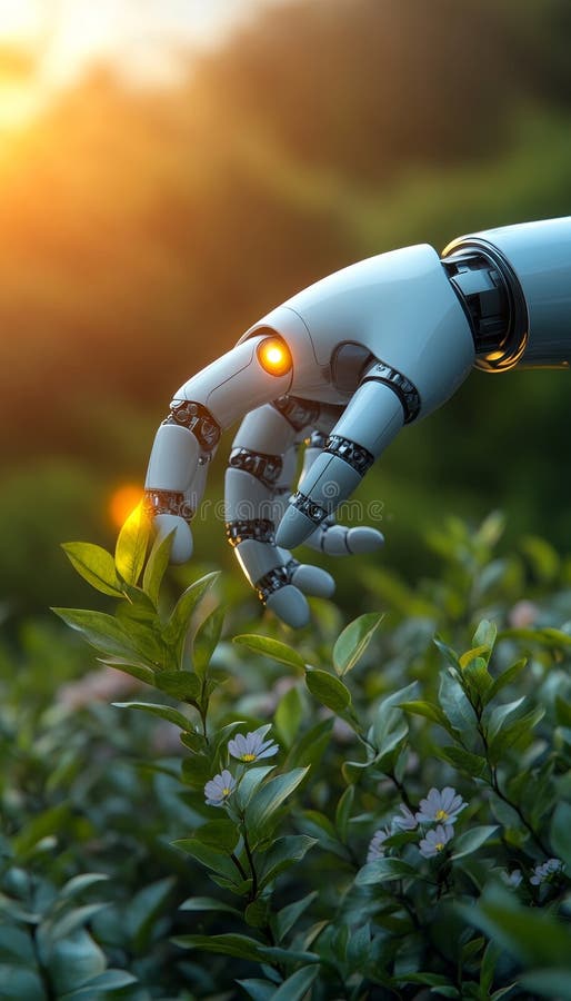 Robotic Hand Gently Touching Plants, Symbolizing Technologys ...