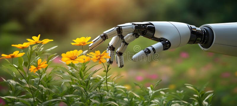 Robotic Hand Gently Touching Spring Flowers, Symbolizing Technology and ...