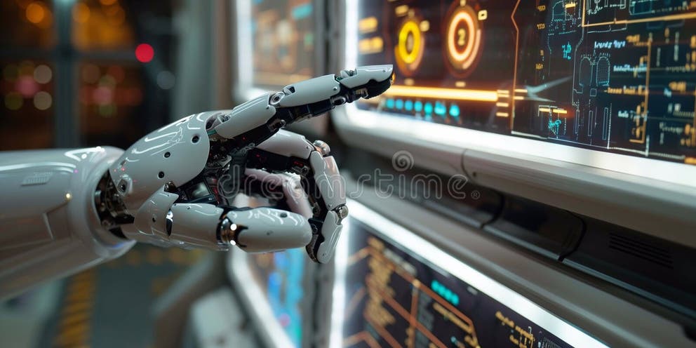 A Robotic Hand Gestures at a Nighttime Digital Monitor Displaying ...